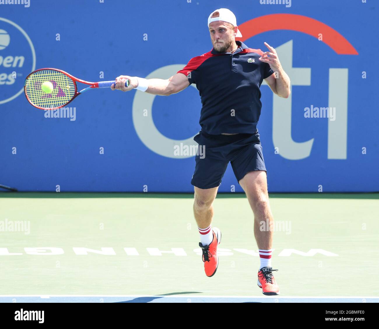Washington, D.C, USA. 4th Aug, 2021. DENIS KUDLA hits a forehand during ...