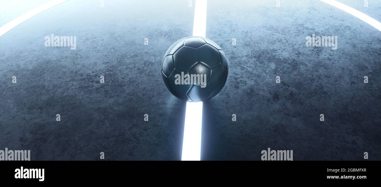 Futuristic black futsal soccer field with soccer ball on glowing light ...