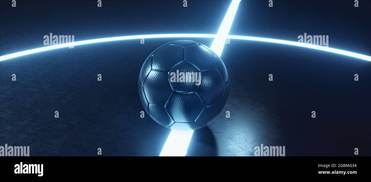 Blue futsal ball on futuristic glowing light beam in a dark black ...