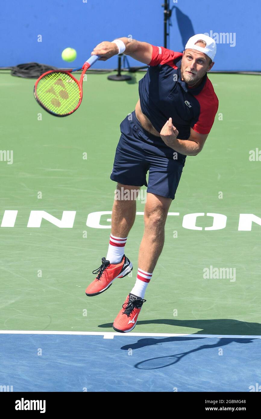 Washington, D.C, USA. 4th Aug, 2021. DENIS KUDLA hits a serve during ...