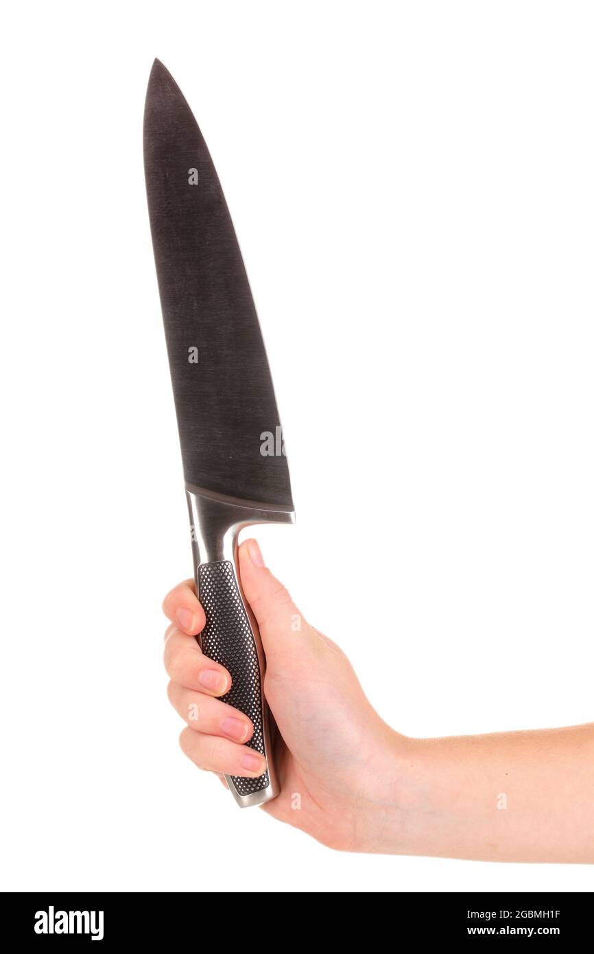 Human hand with kitchen knife isolated on white Stock Photo - Alamy
