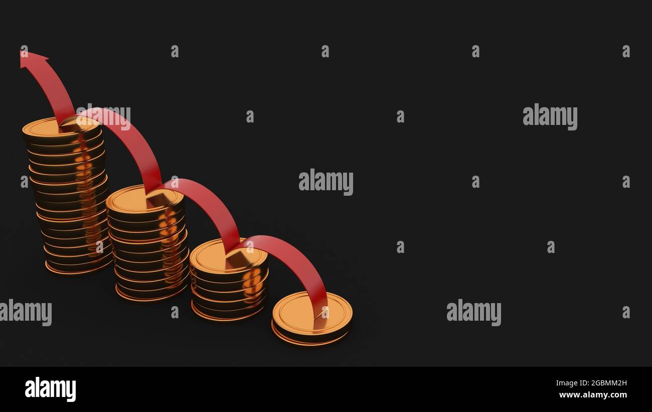 3D render illustration of a red line bouncing up on the stacks of gold ...