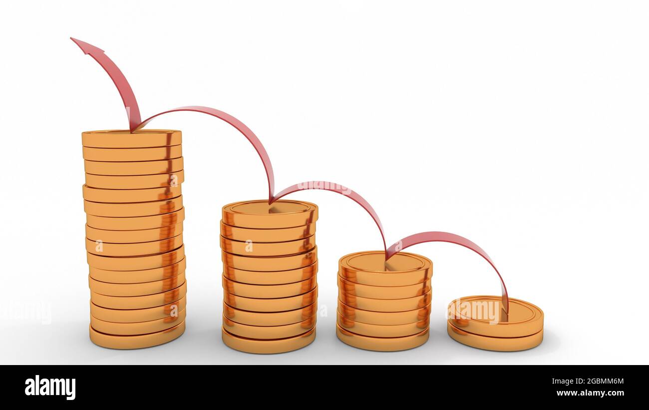 3D render illustration of a red line bouncing up on the stacks of gold ...