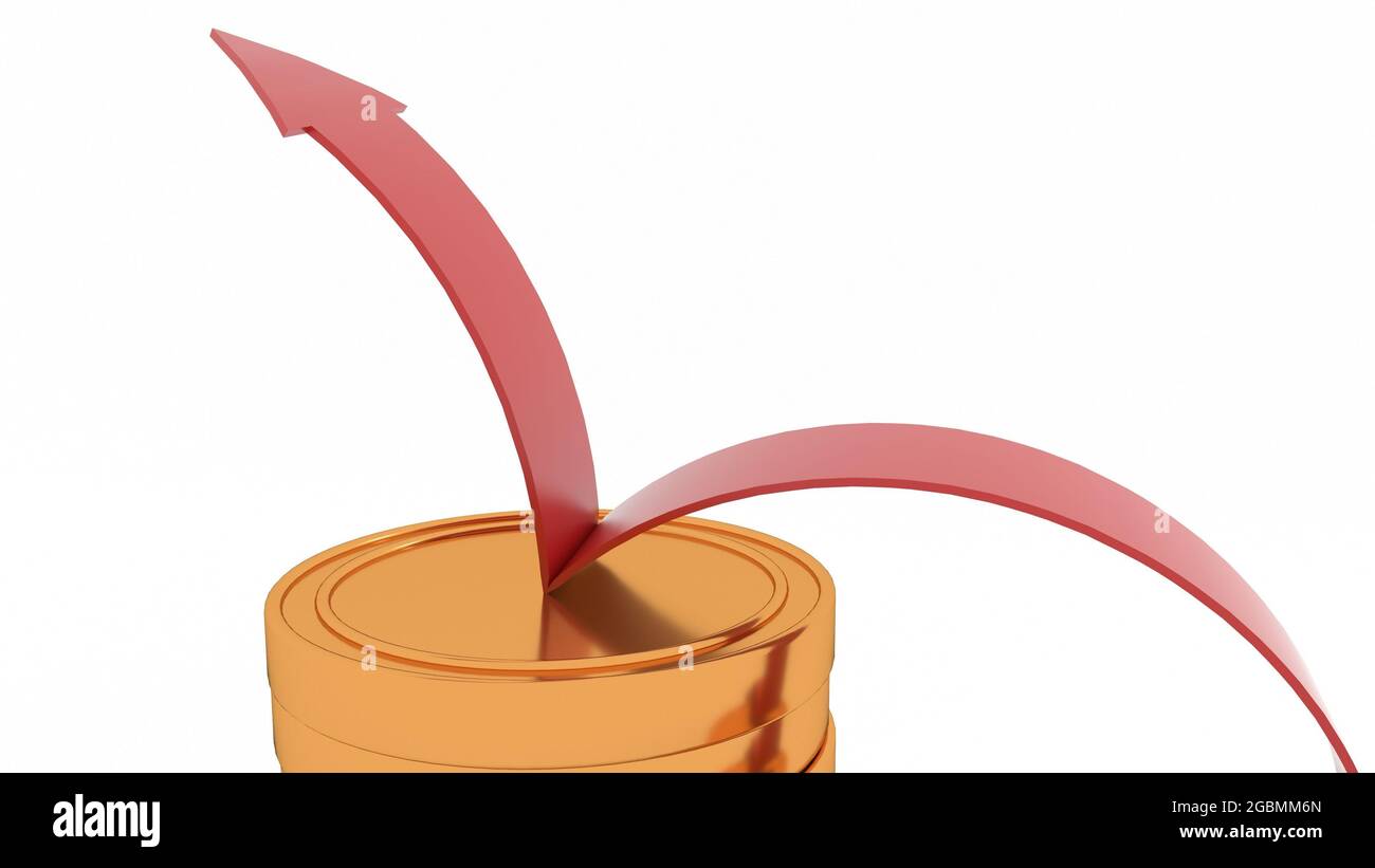 3D render illustration of a red line bouncing up on the gold coin on a ...