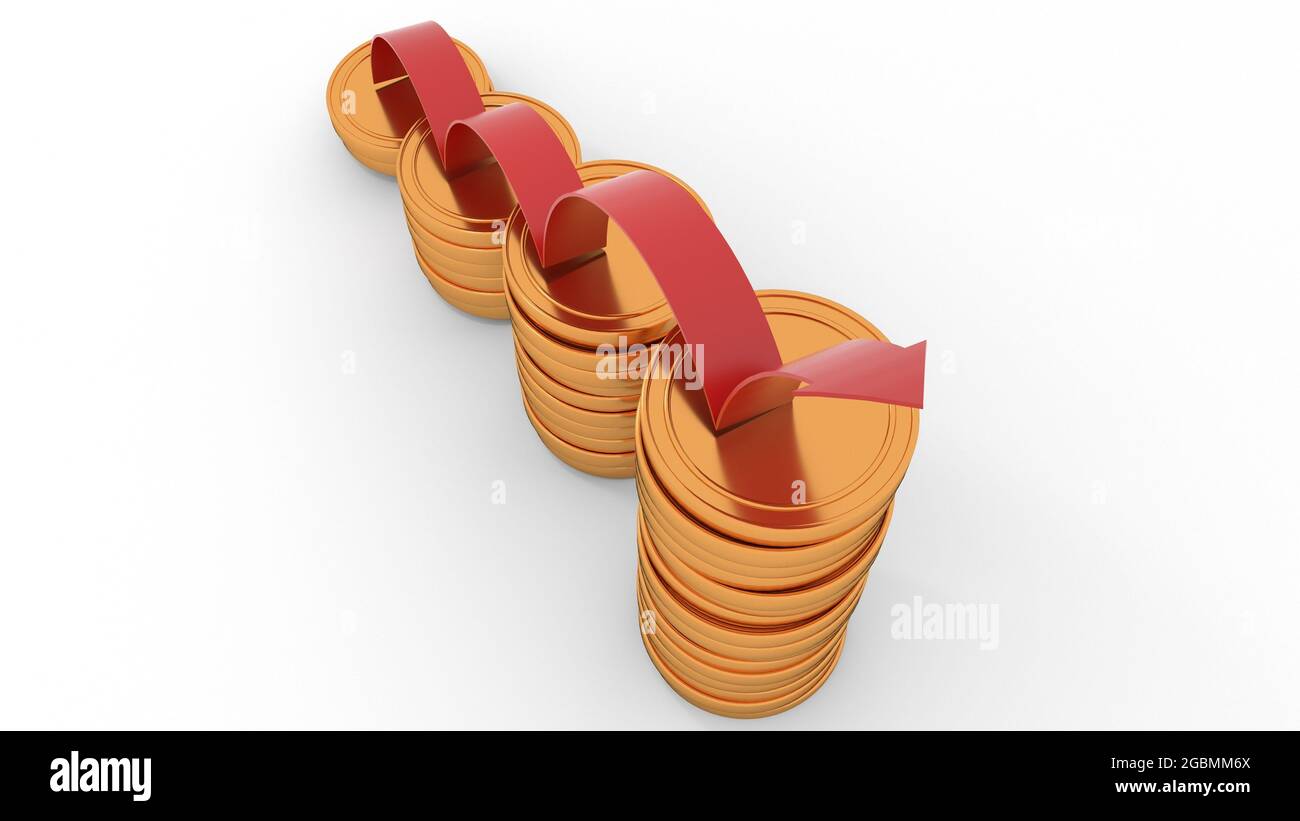3D render illustration of a red line bouncing up on the stacks of gold ...