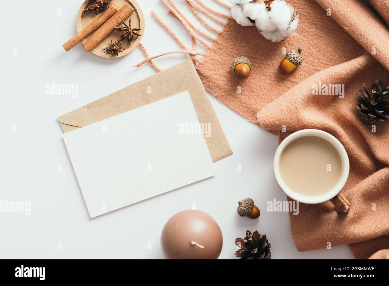 Autumn composition. Feminine desk table with scarf, coffee cup, blank ...