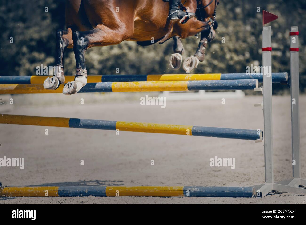The horse overcomes an obstacle. Equestrian sport, jumping. Overcome ...