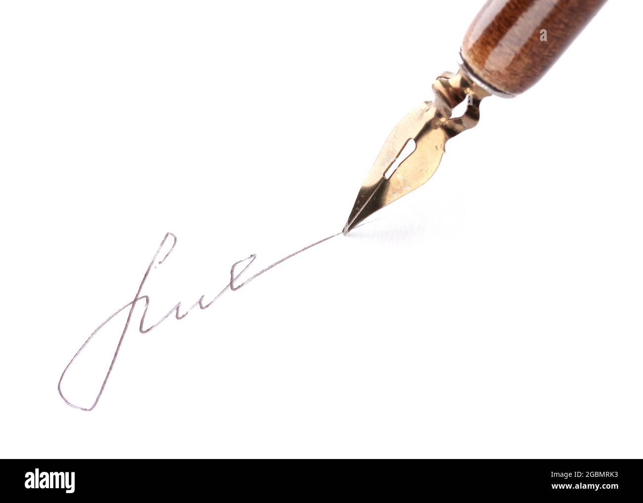 Closeup of signature (fake, not real) and ink pen, isolated on white ...