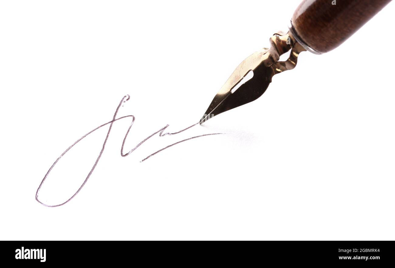 Closeup of signature (fake, not real) and ink pen, isolated on white ...