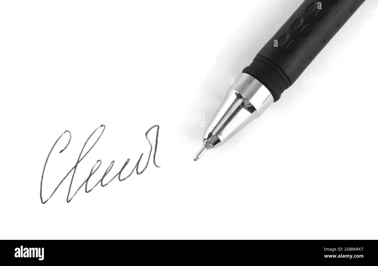 Closeup of signature (fake, not real) and pen, isolated on white Stock ...