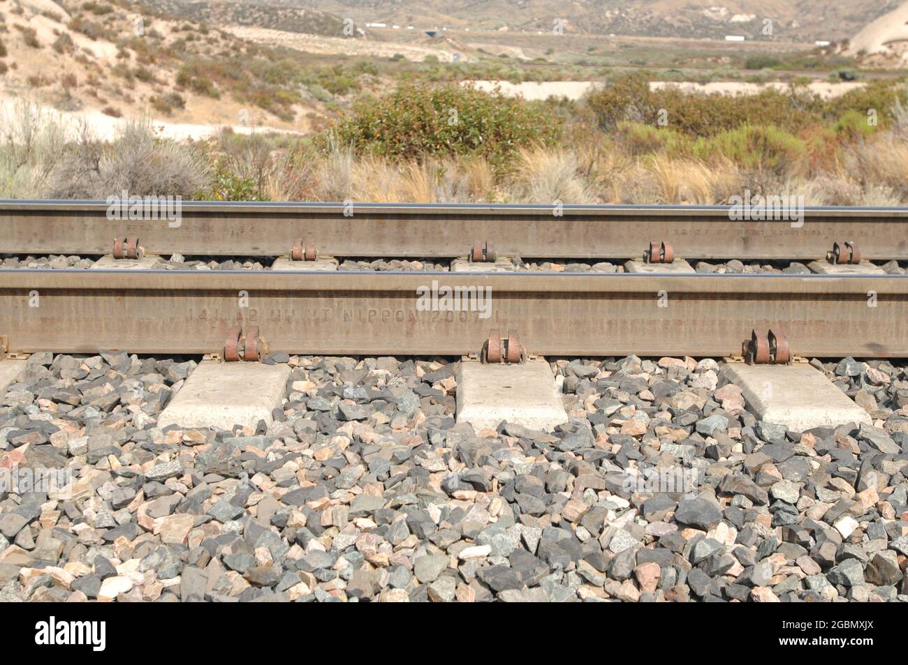 Steel railroad rails near Mormon Rocks in San Bernardino, California ...
