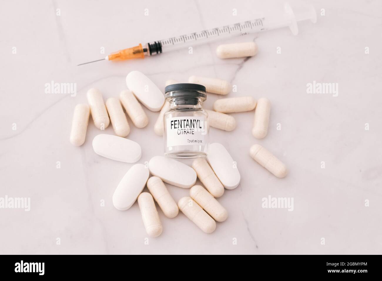 Fentanyl is a synthetic opioid narcotic used in medicine, vial isolated ...