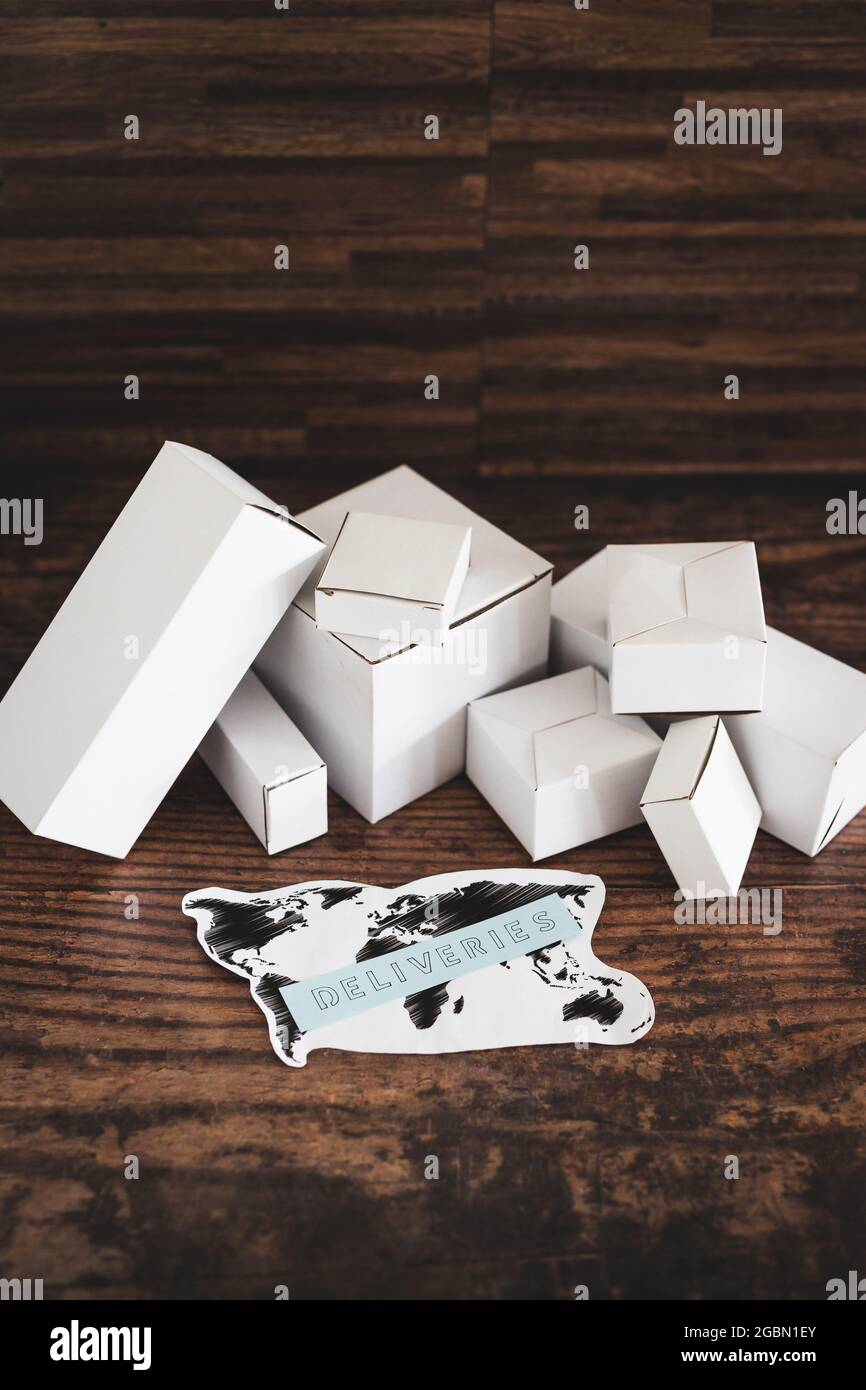 shipping industry and online shopping concept, group of white delivery ...