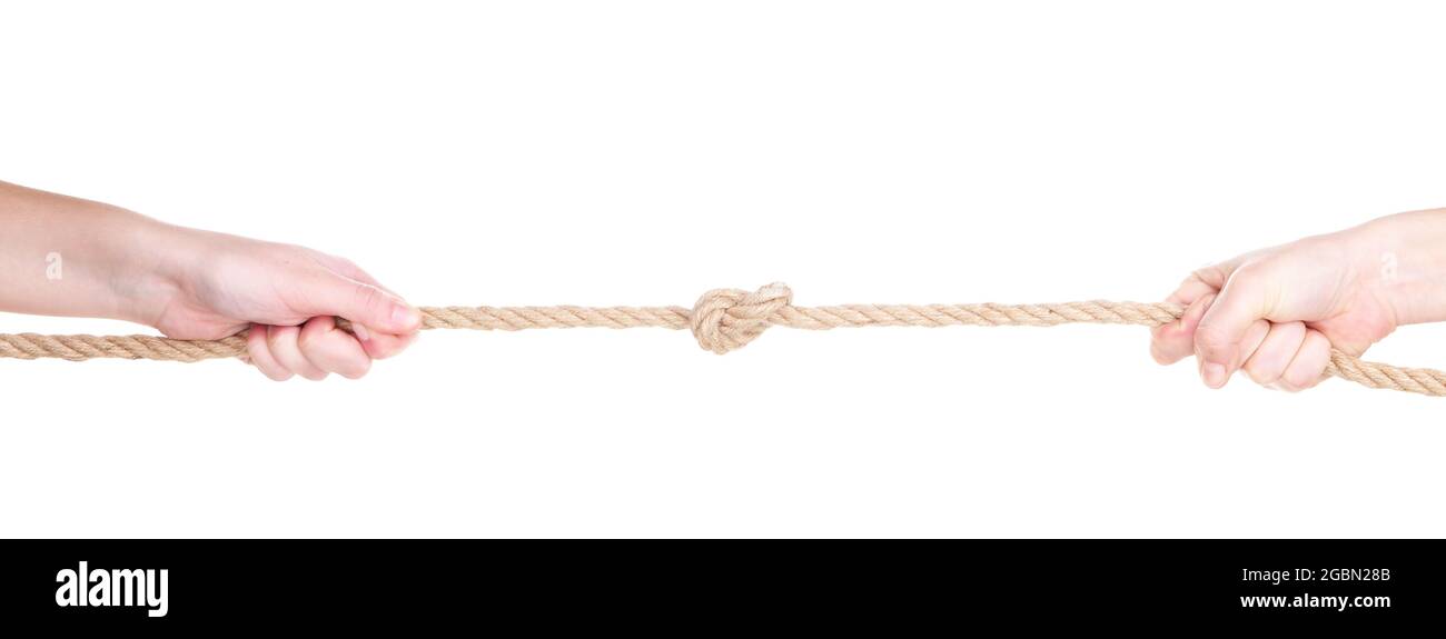 Hands pull rope isolated on white Stock Photo - Alamy