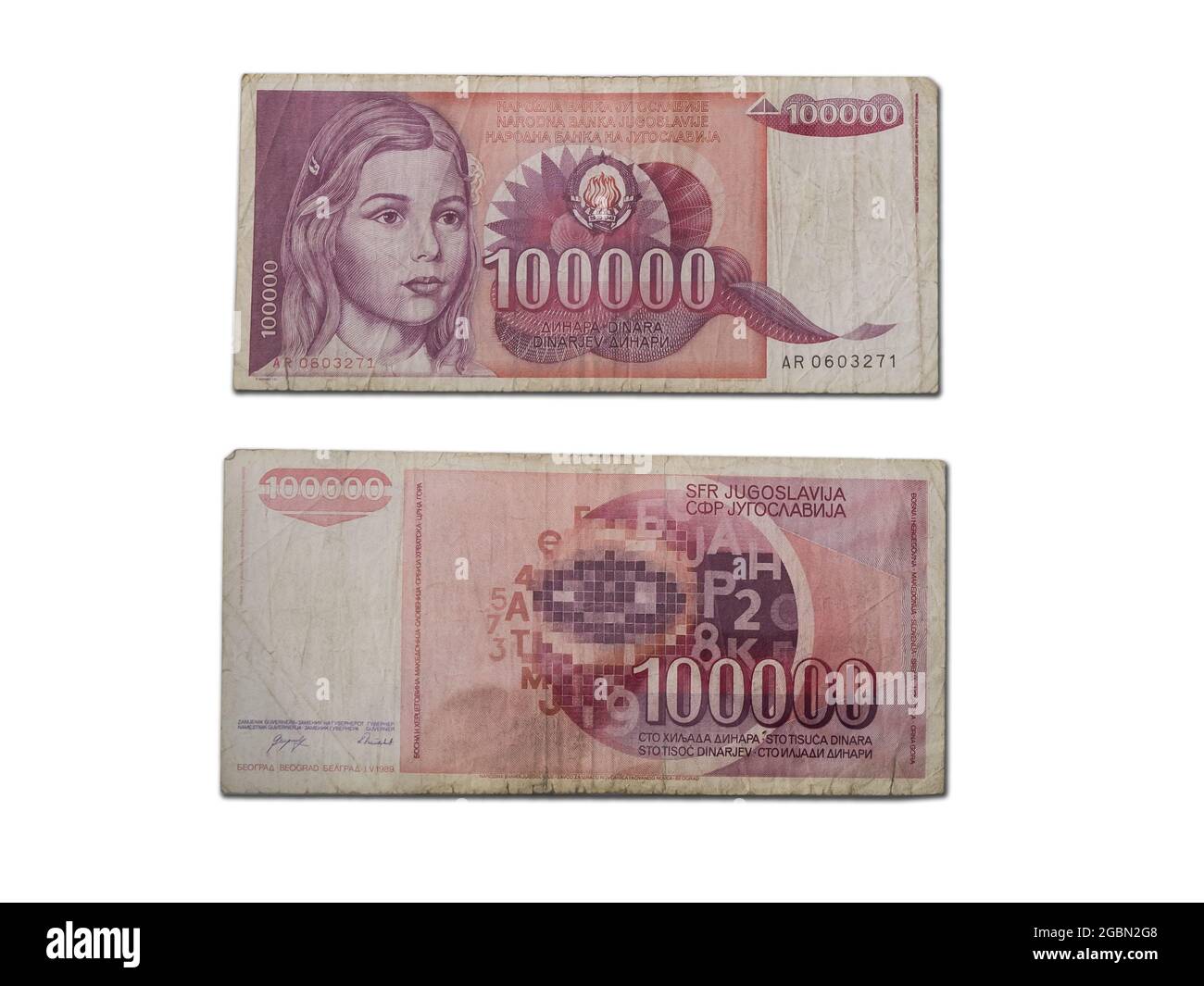 Closeup shot of late Yugoslavian dinar banknote of 100000 dinars Stock ...