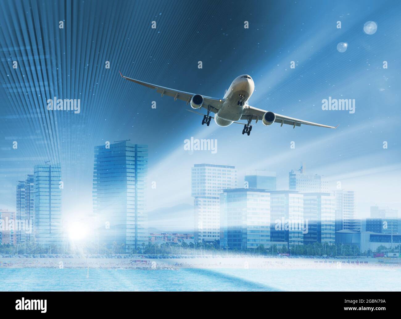 Plane flying rapidly over the building Stock Photo - Alamy