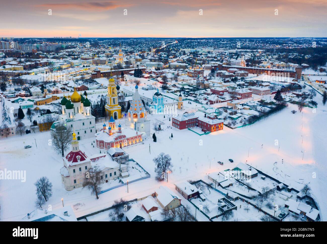 Scenic view from drone of Kolomna cityscape with architectural ensemble of ancient Kremlin on ...