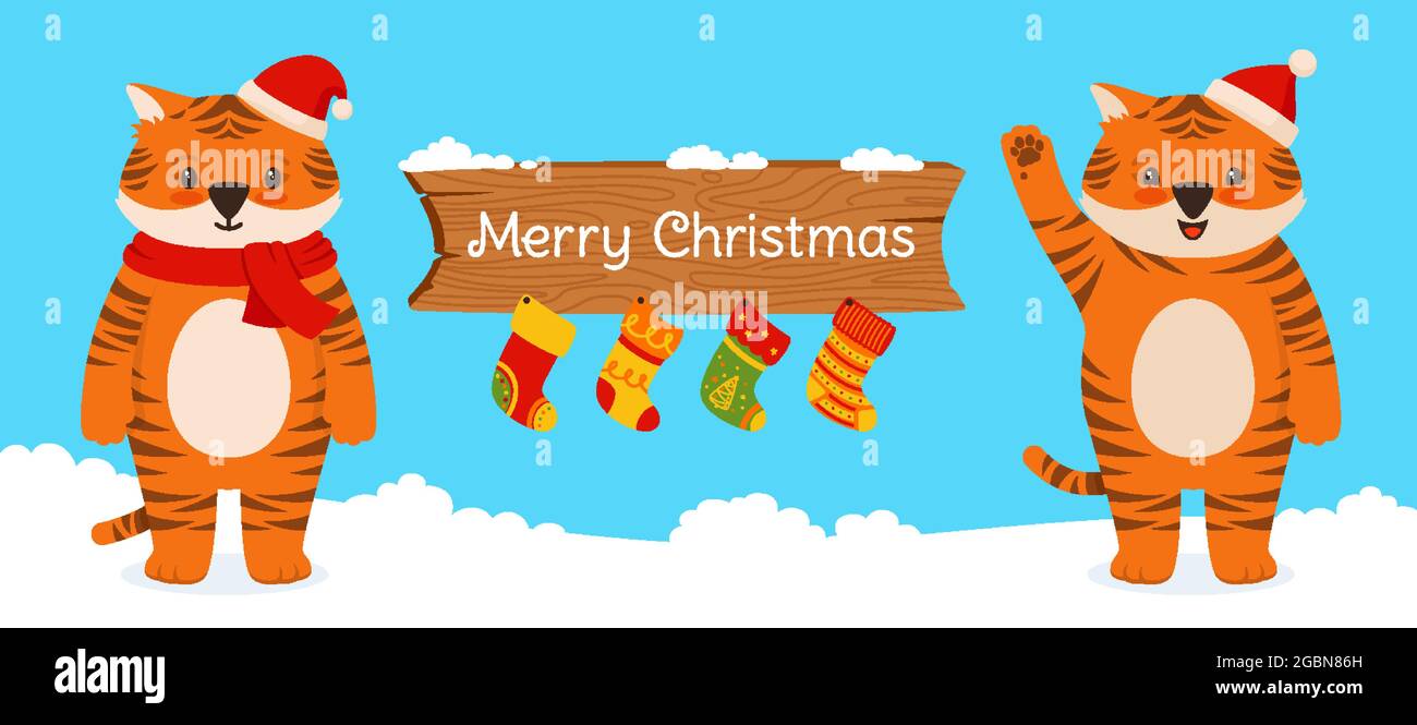 Christmas card with Tiger mascot new year. Animal tigers in Santa hat ...