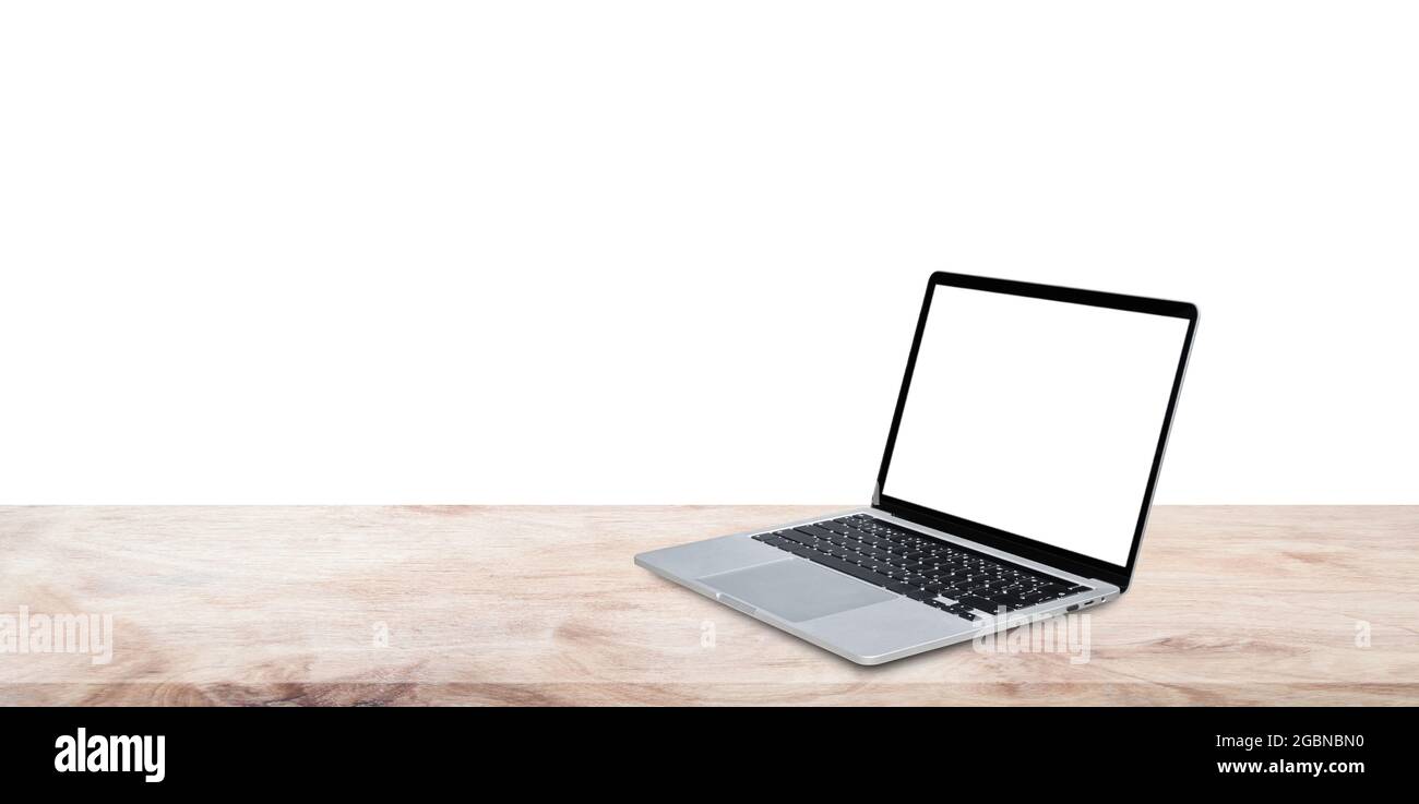 Mockup laptop computer blank screen on wood table, Isolated on white ...