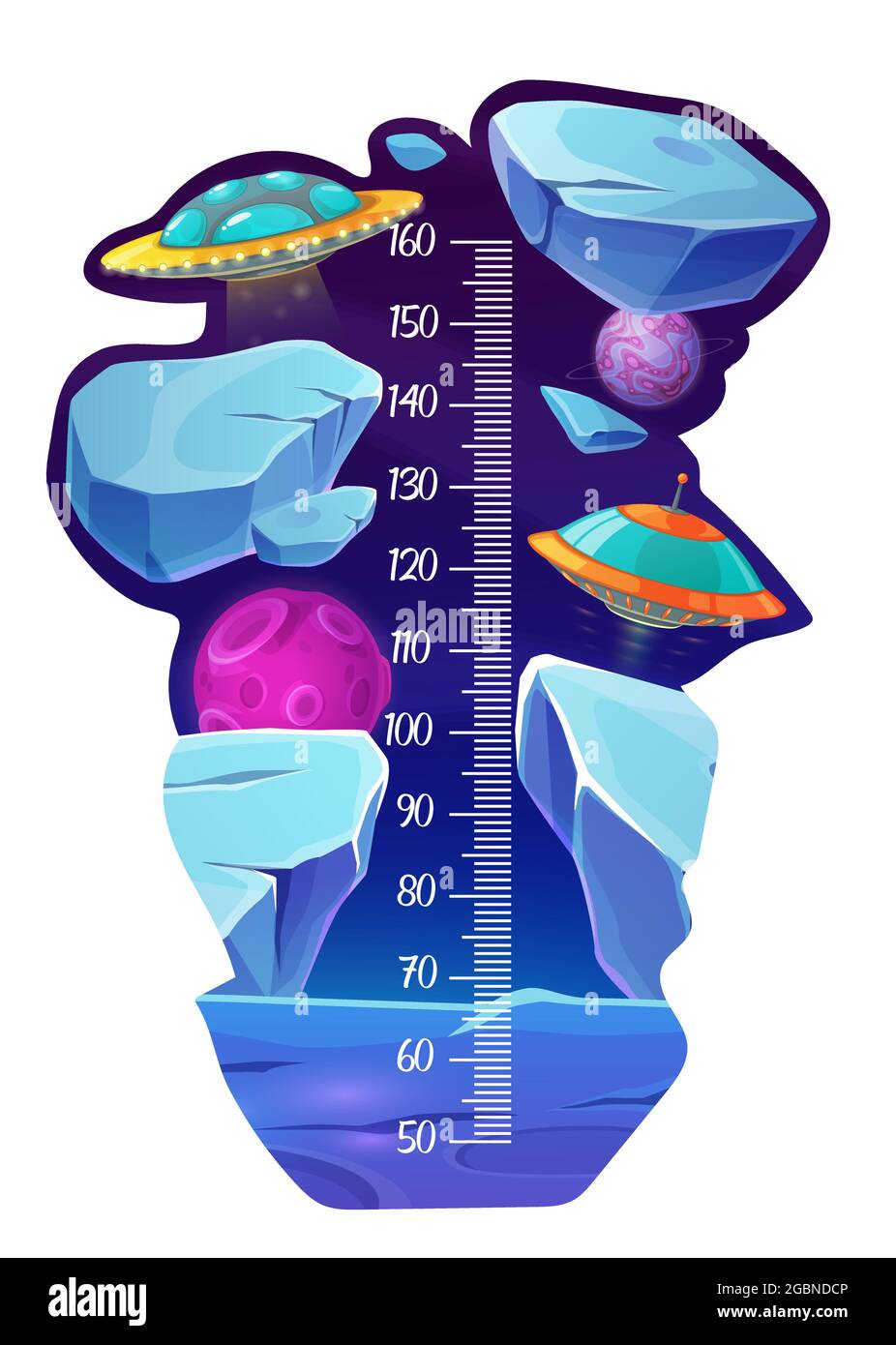 Space planet surface and UFO. Kids height chart with alien spaceships ...