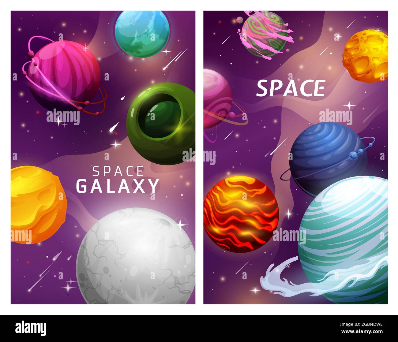 Cartoon space planets and stars landscape galaxy with asteroids, vector ...