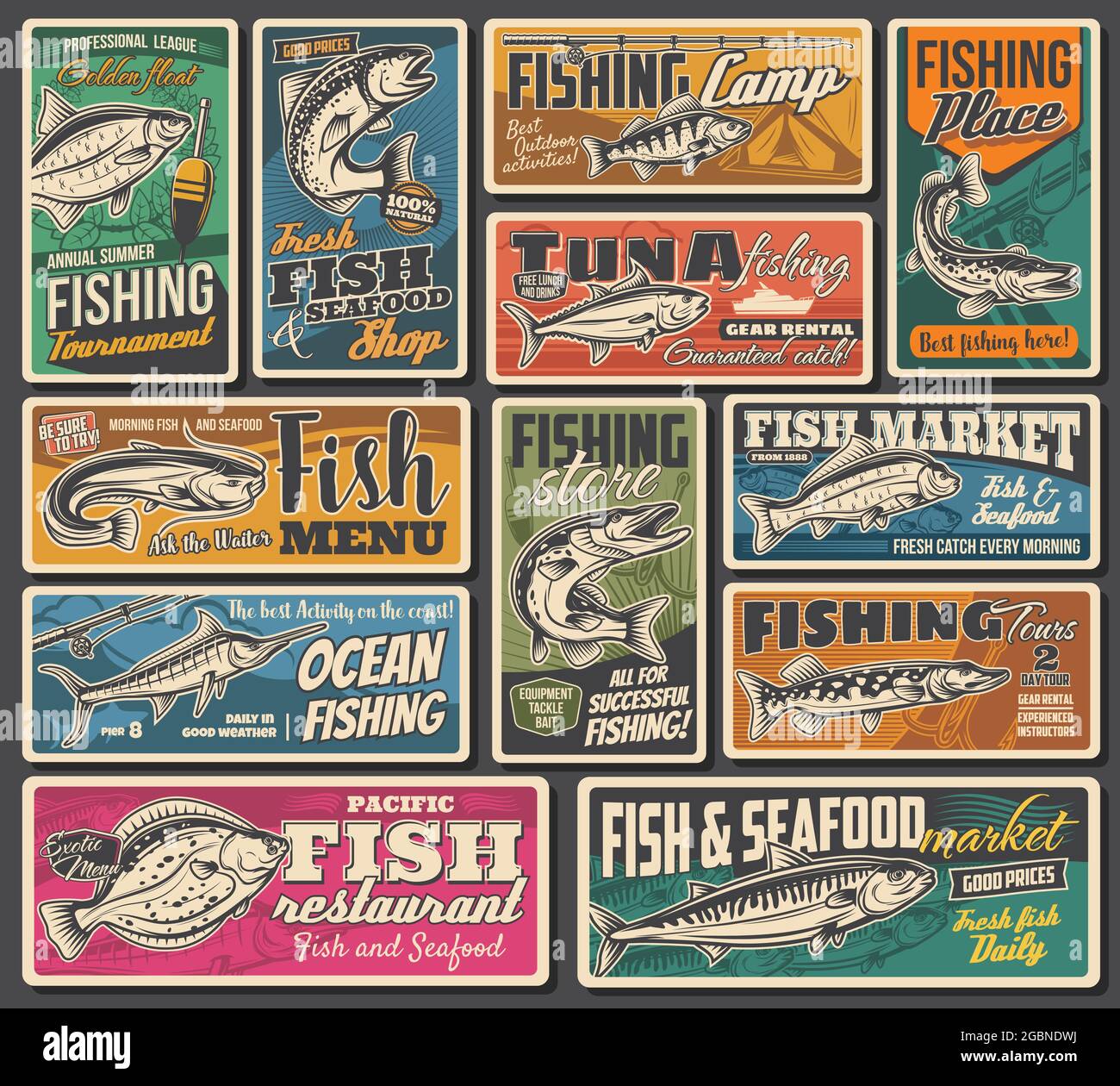 Fishing, fish and seafood market posters, vector retro. Fisher camp and ...