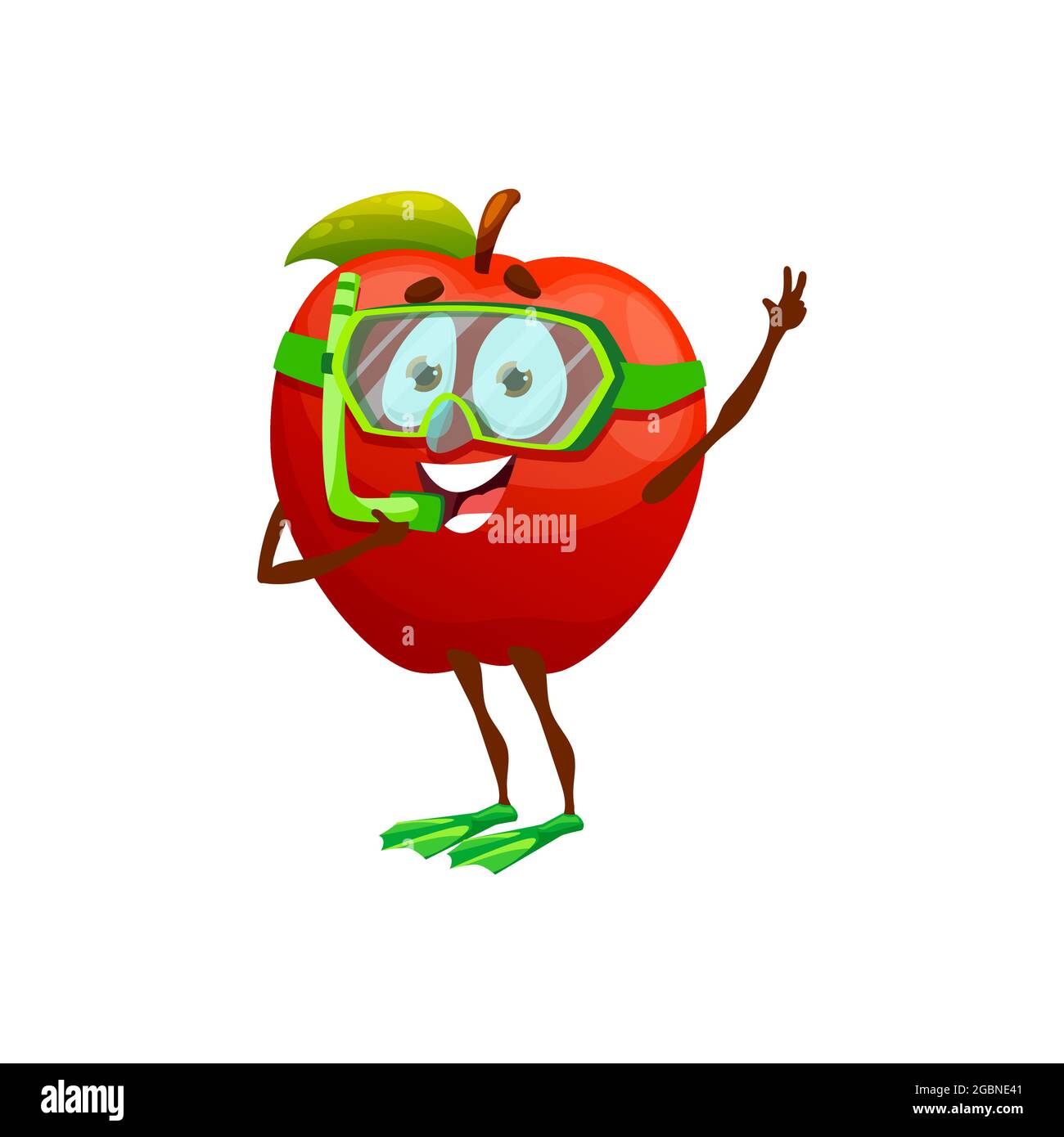 Cartoon apple in diving mask, tube and flippers isolated summer fruit ...