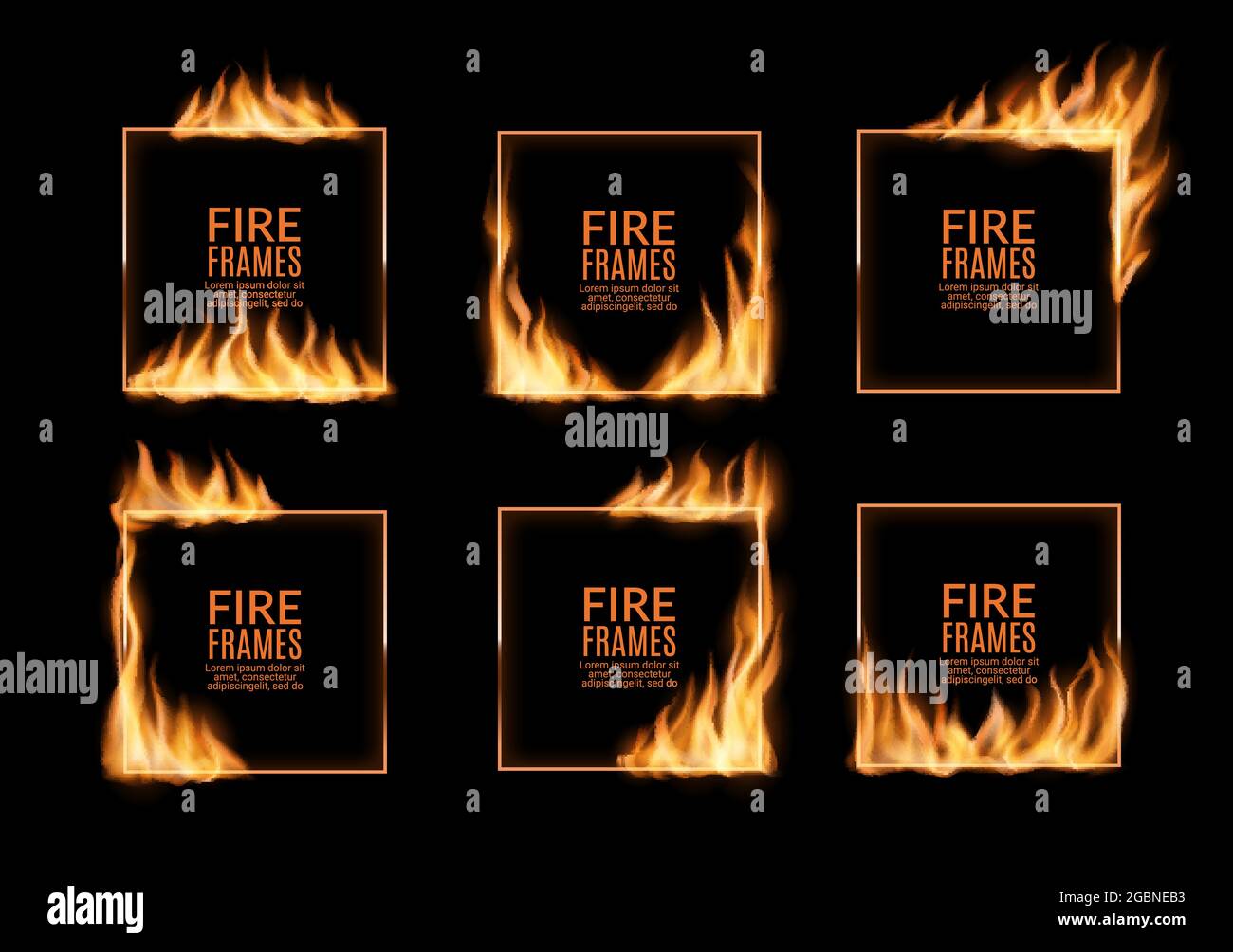 Square frames, fire flames, vector burning borders design. Realistic ...