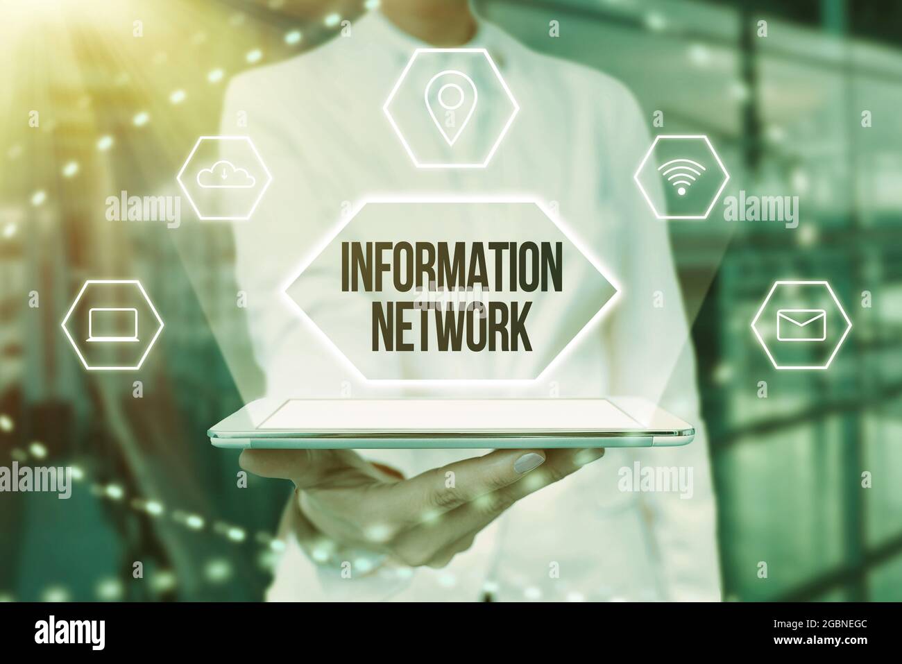 Sign displaying Information Network. Word Written on computers were ...