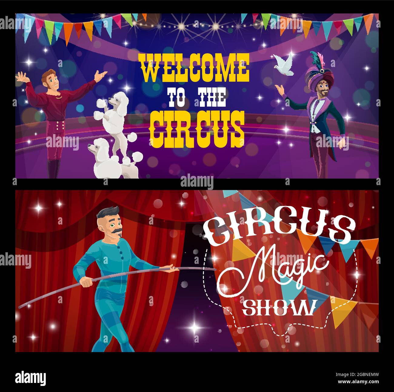 Shapito circus cartoon magician, trainer and rope walker, vector ...