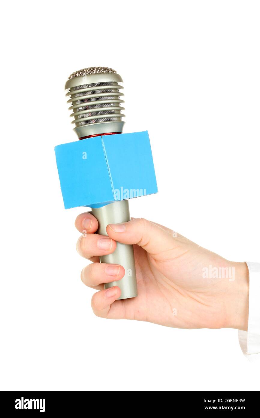 Female hand with microphone isolated on white Stock Photo - Alamy