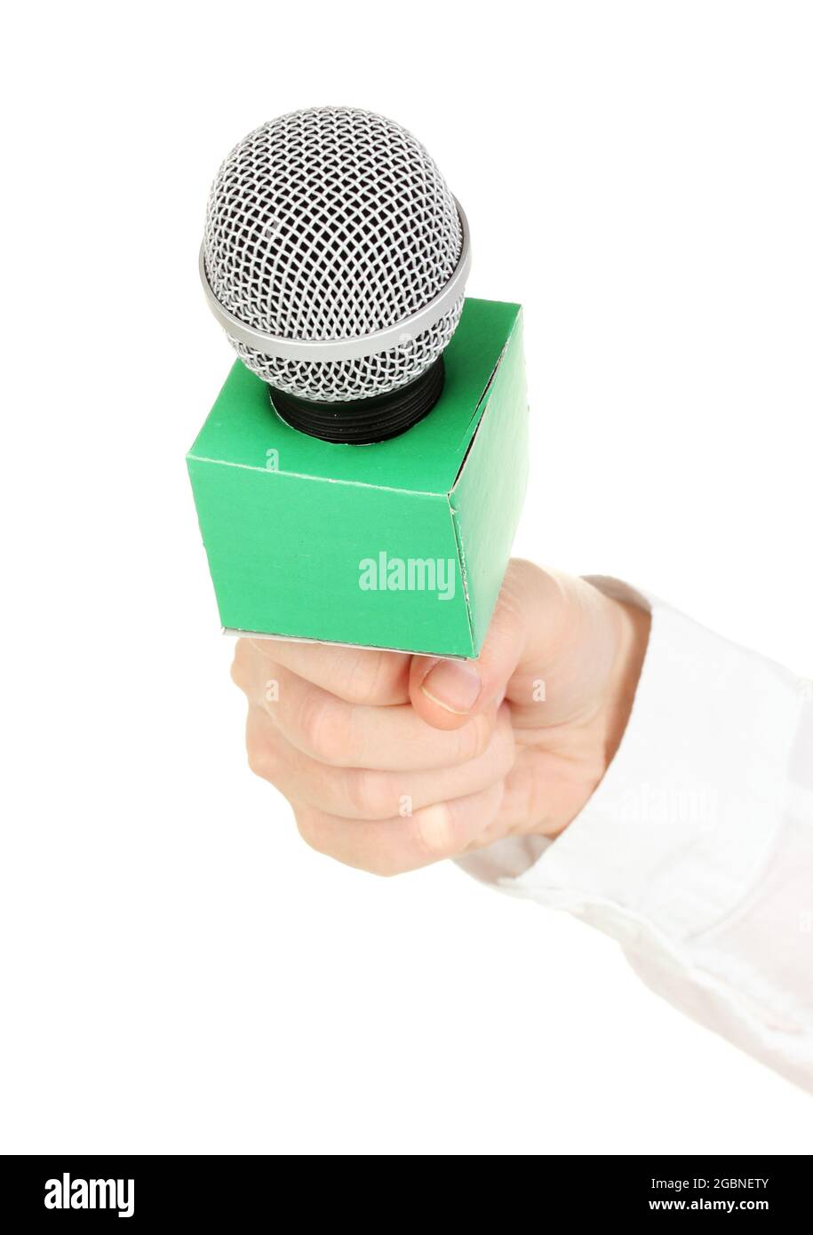 Female hand with microphone isolated on white Stock Photo - Alamy