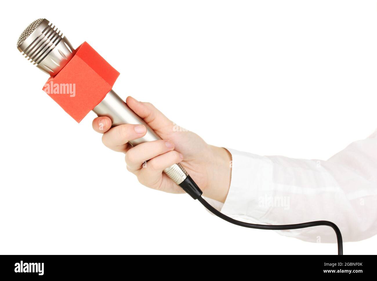 Female hand with microphone isolated on white Stock Photo - Alamy