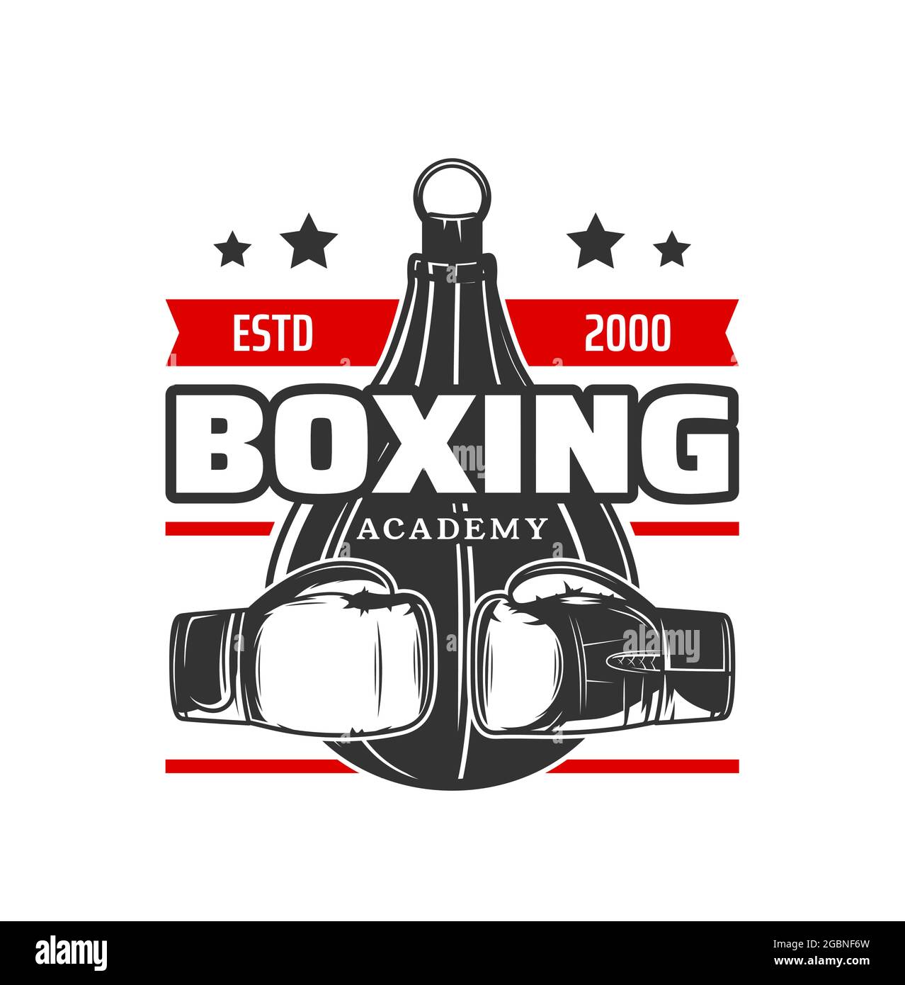 Boxing sport icon. Vector boxer gloves and punching bag, red ribbon ...