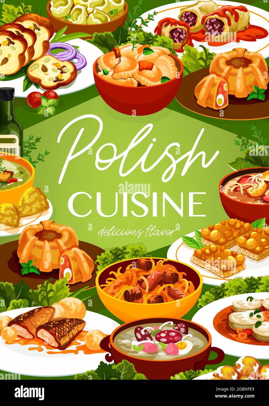 Polish cuisine restaurant poster. Dumplings, meat bread and sausages ...