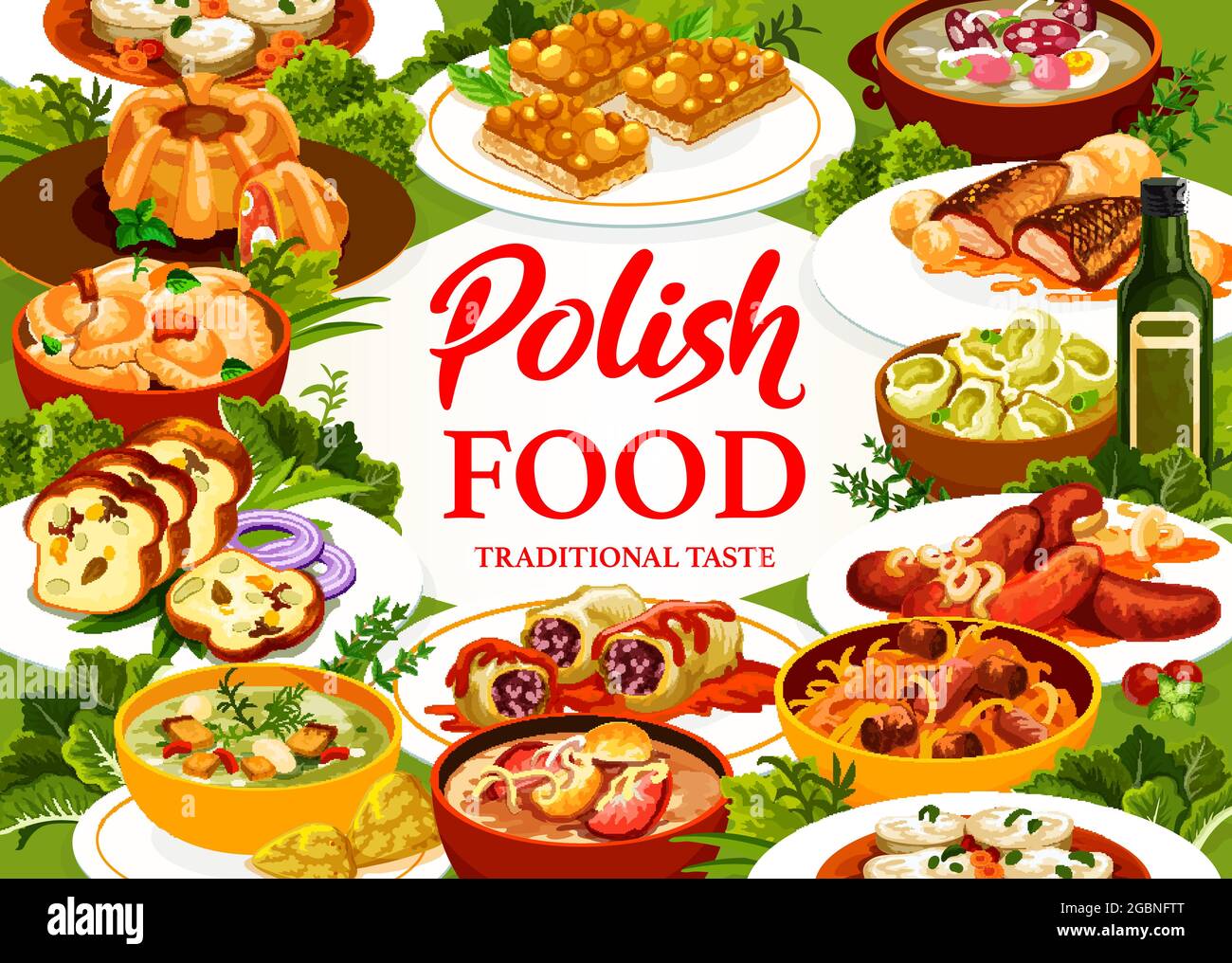 Polish cuisine restaurant poster. Carp with sauce, meatloaf ring with ...