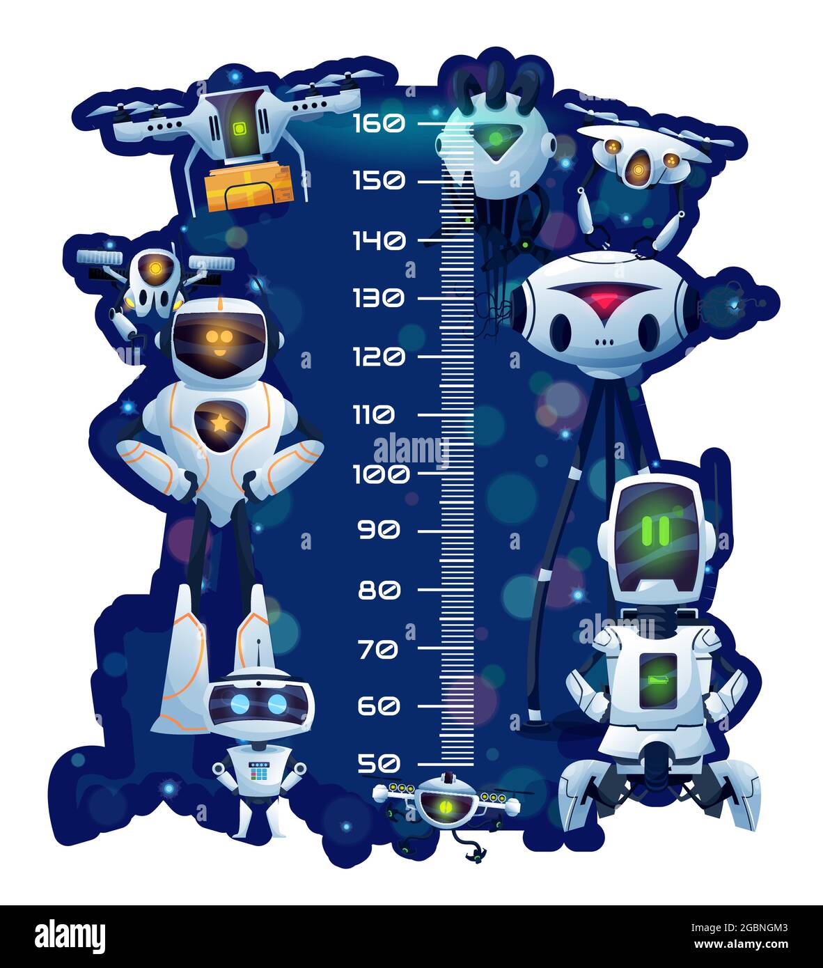 Kids height chart with robots and droids, vector growth meter cartoon ...