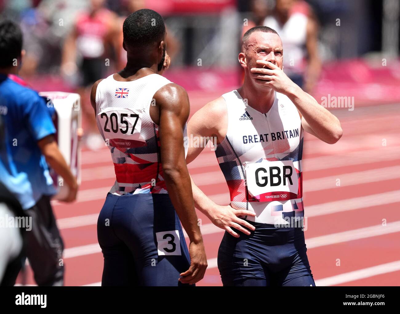 Great Britain's Richard Kilty (right) looks on after the Men's 4 x 100m ...