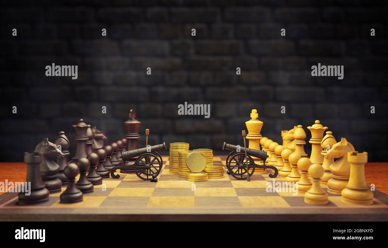 Chess and cannon are facing each other on chessboard with gold coin in ...