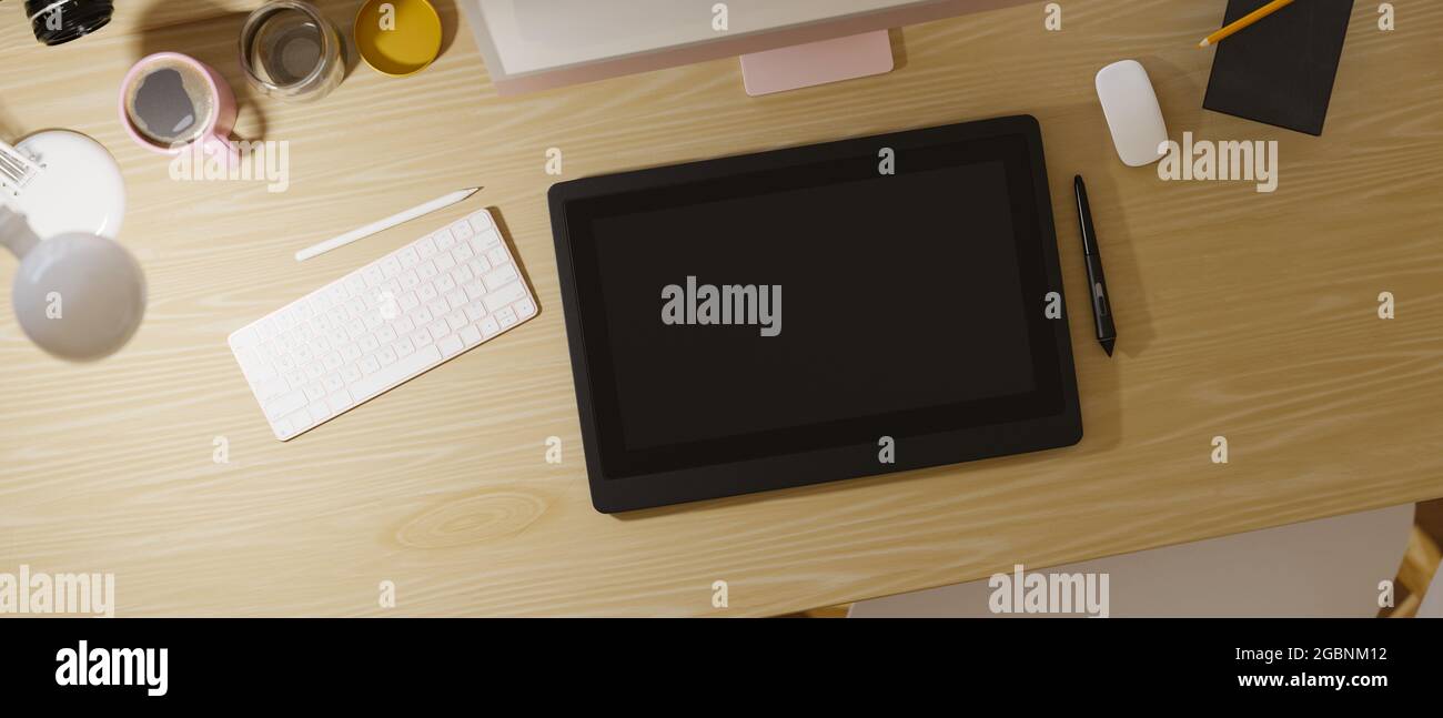 Top view, graphic design student working table with black graphic ...