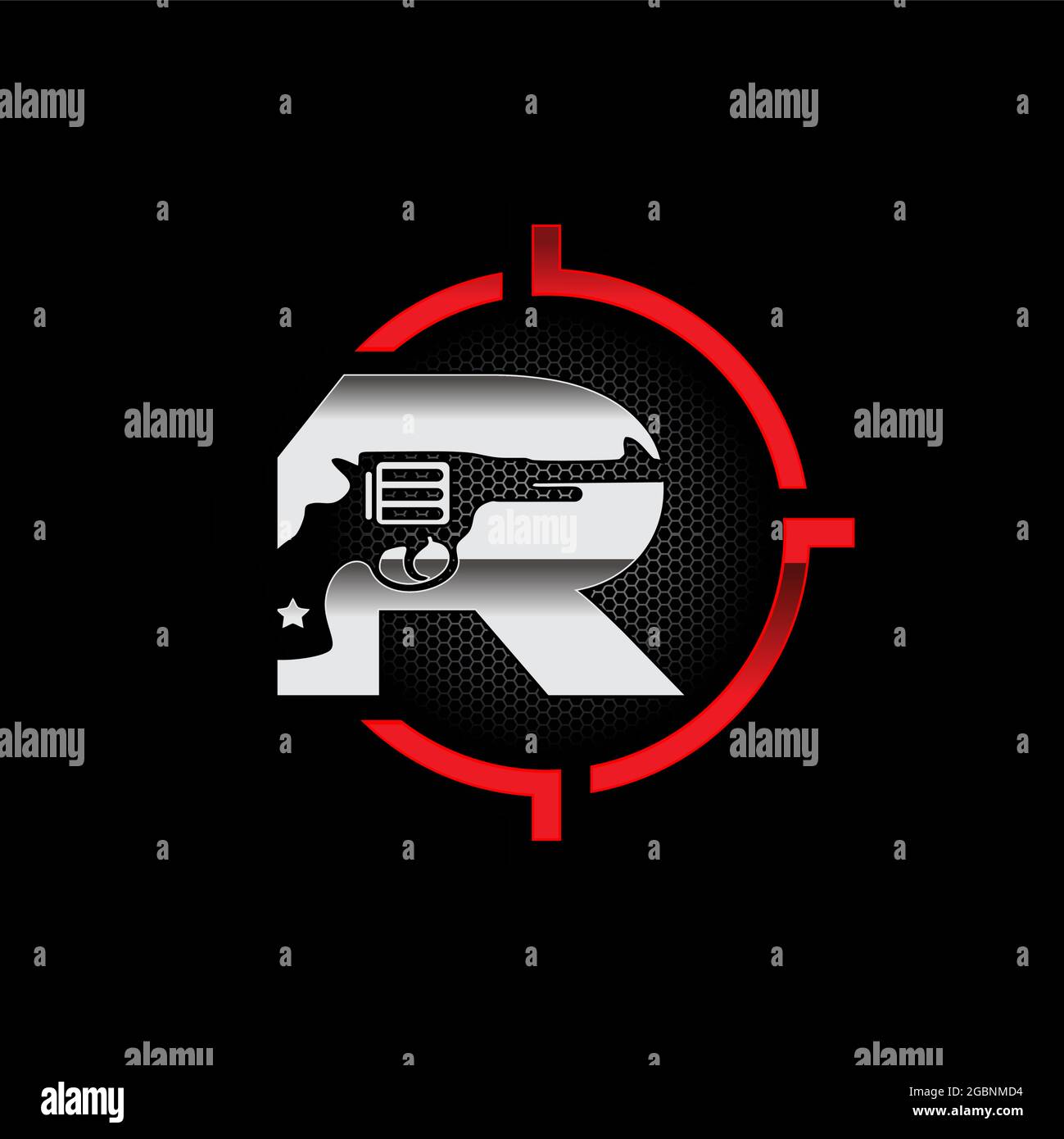 A Vector Illustration of Revolver Gun Logo Initial Letter R in silver ...