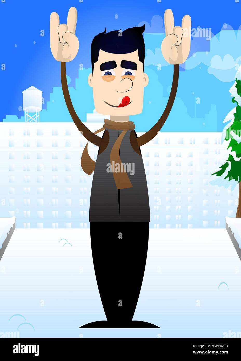 Funny cartoon man dressed for winter with hands in rocker pose. Vector ...