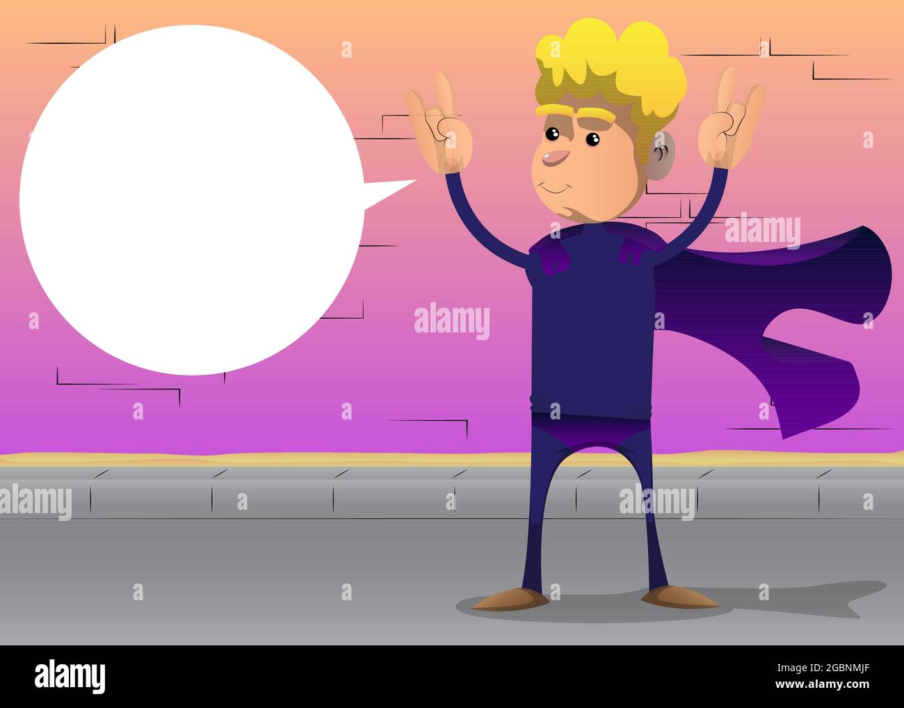 Funny cartoon man dressed as a superhero with hands in rocker pose ...