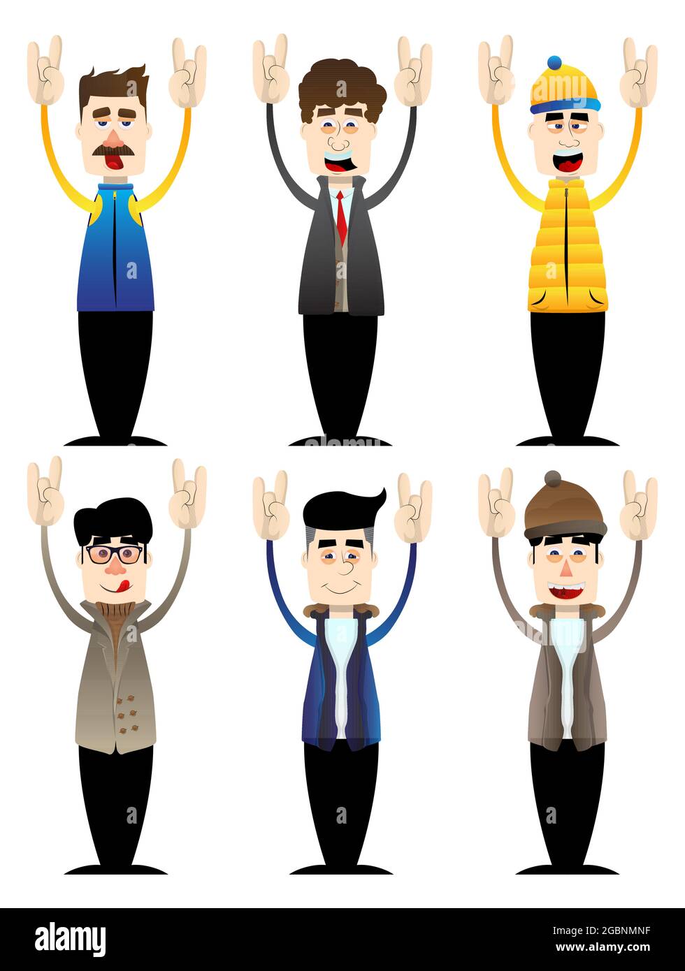 Funny cartoon man dressed for winter with hands in rocker pose. Vector ...