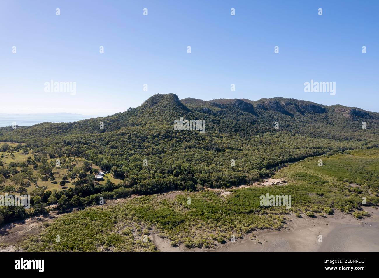 Aerial over mangroves on the beach at low tide and towards a forested ...