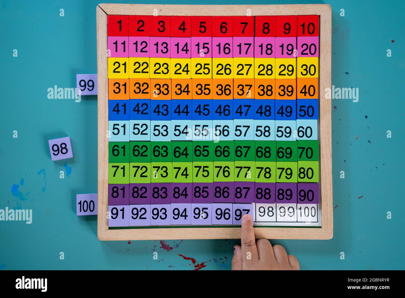 Top view of a child learning to count with special cubes on the table ...