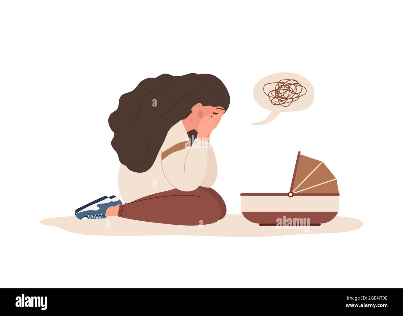 Postpartum depression. Sad tired woman leaning over newborn baby and ...