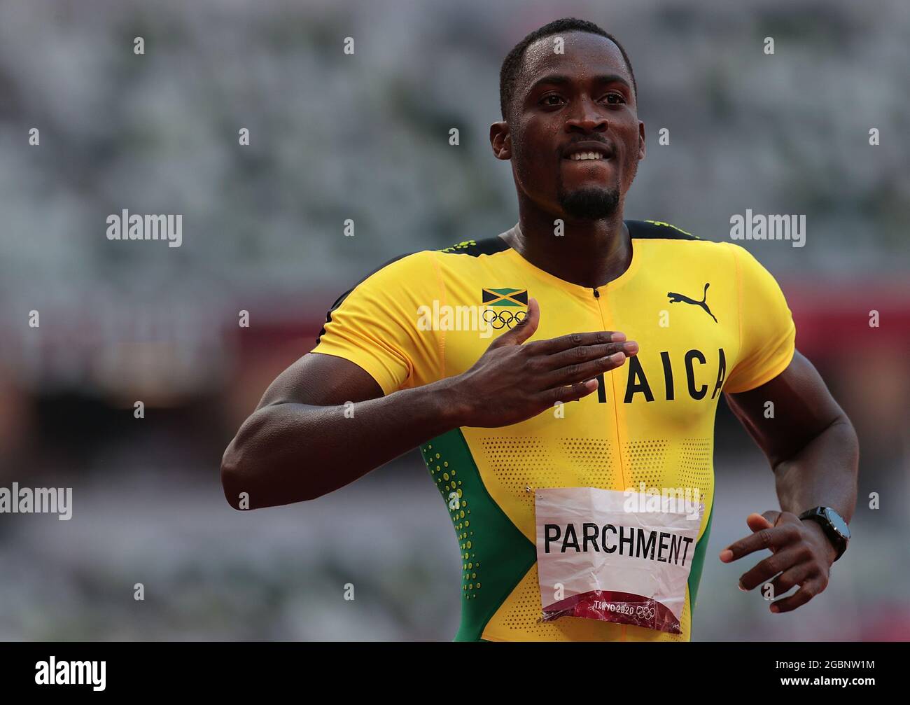 Tokyo, Japan. 5th Aug, 2021. Hansle Parchment of Jamaica celebrates ...