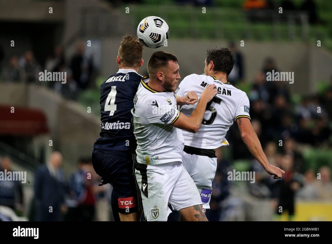 MELBOURNE, AUSTRALIA - MAY 06: Adam Federici of Macarthur FC heads the ...