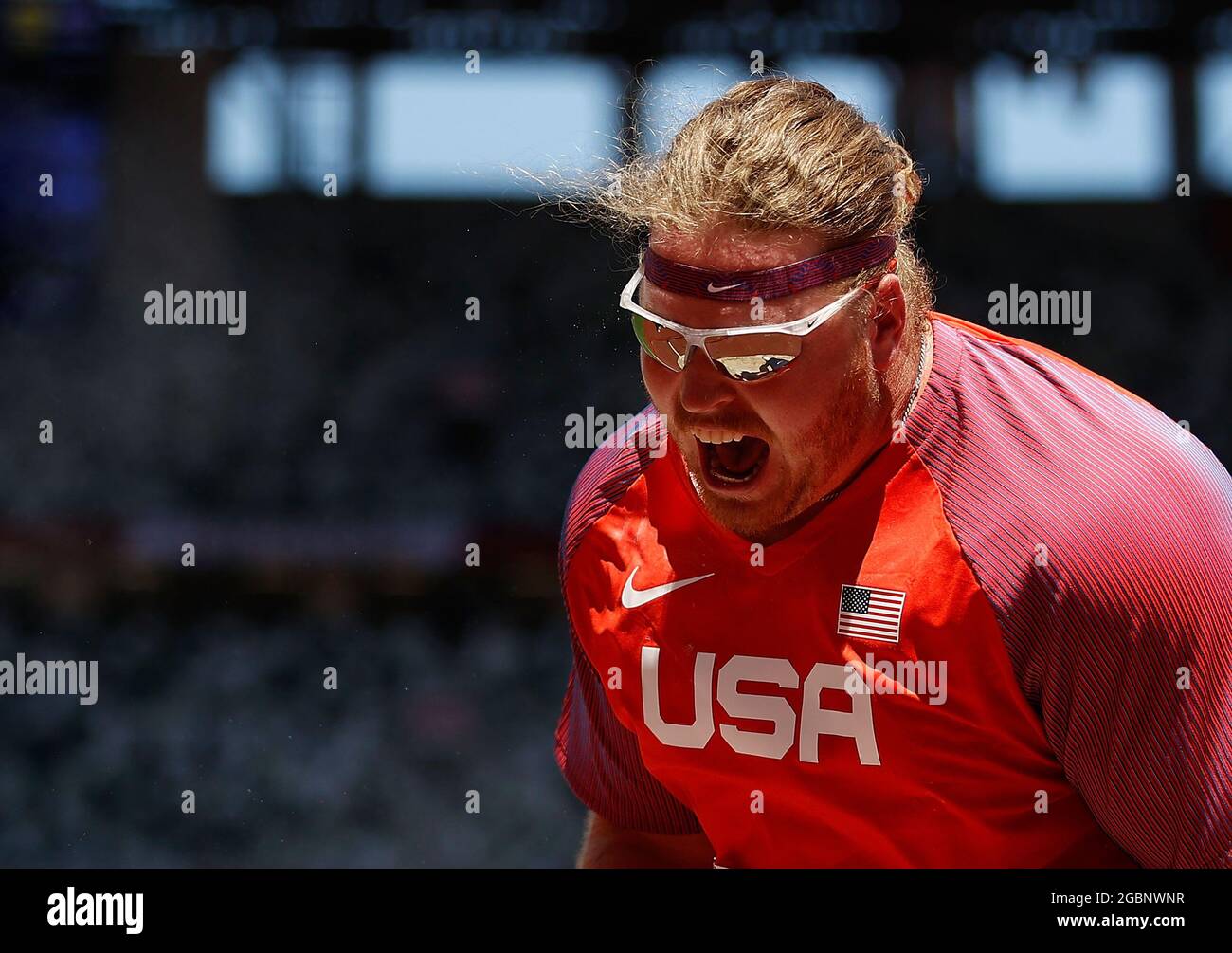 Tokyo, Japan. 5th Aug, 2021. Ryan Crouser of the United States reacts ...